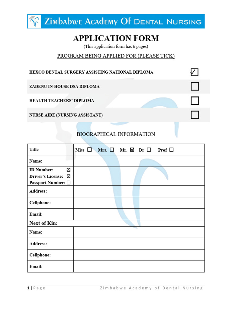 Zimbabwe Dental Nursing Application Form | PDF | Diploma