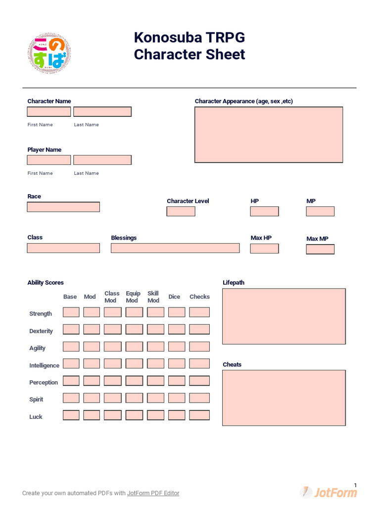 Konosuba TRPG Character Sheets | PDF | Role Playing | Storytelling