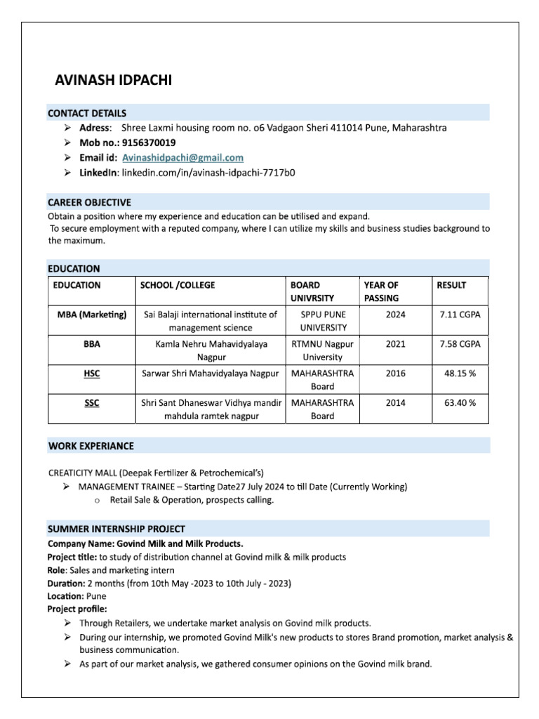 Avinash Idpachi CV | PDF