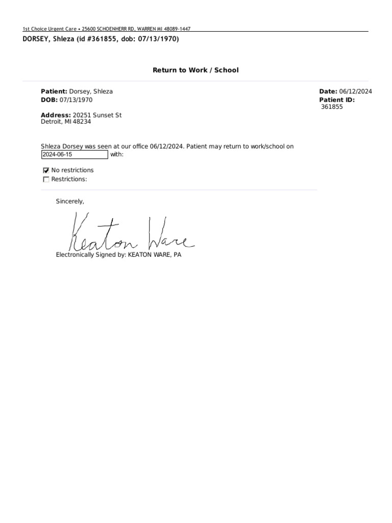 Return To Work - School Form | PDF