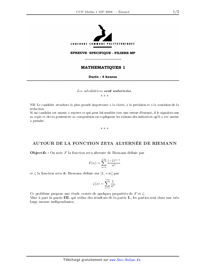 MP MATHS CCP 1 2008.enonce | PDF
