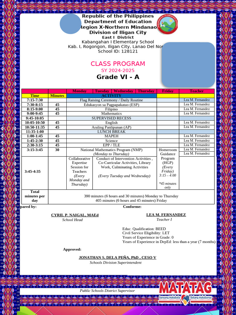 Grade VI Fernandez Class Program and Teaching Loads | PDF | Philippines | Schools