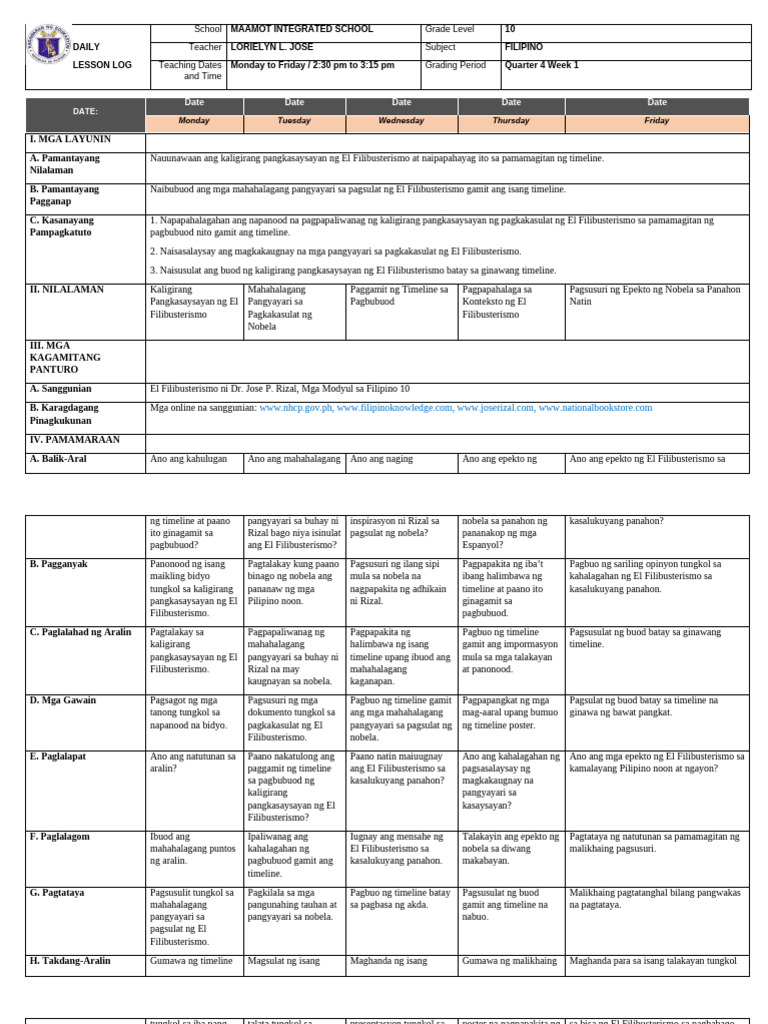 DLL G10 FILIPINO Q4 Week 1-2 | PDF