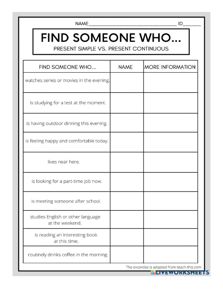 FIND SOMEONE WHO (PRESENT SIMPLE - PRESENT CONTINUOUS) | PDF