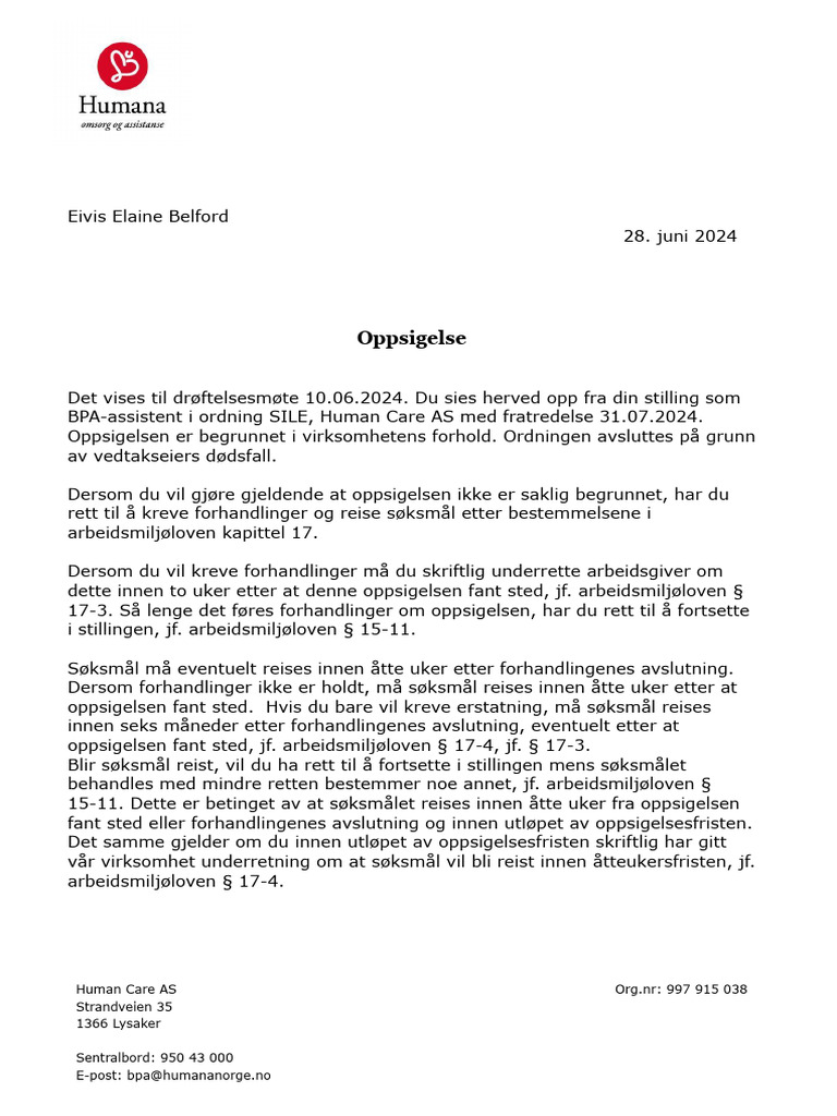 Oppsigelse - BPA | PDF