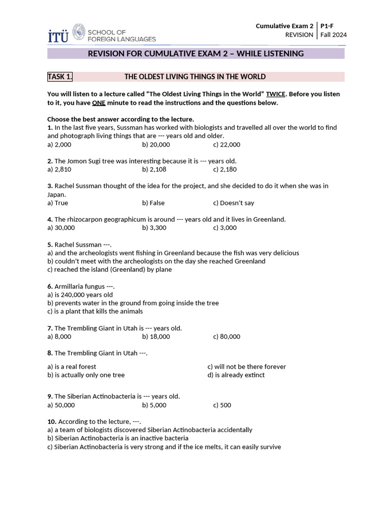 Cumulative Exam 2: Oldest Living Things | PDF