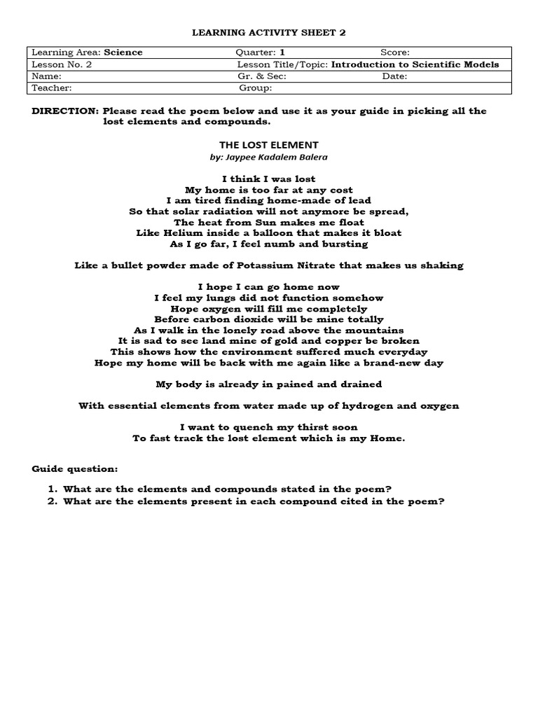 Q1 - WK 1 - Las 1 - The Lost Element Poem Reading Materials | PDF