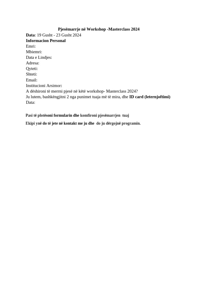 03 FORMULAR PjesA Marrje NA Workshop Masterclass 2024 | PDF