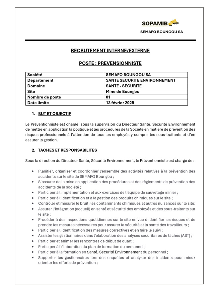 Recrutement Préventionniste SEMAFO 2025 | PDF | Sécurité des systèmes d ...