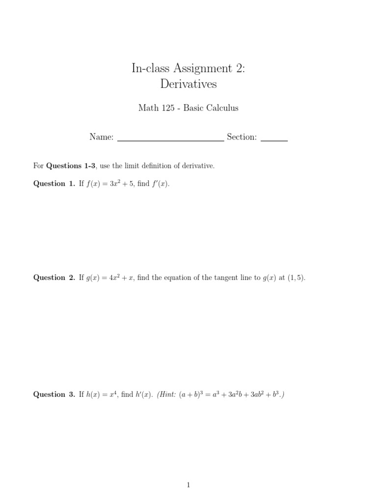 In-Class Assignment 2: Derivatives: Math 125 - Basic Calculus | PDF