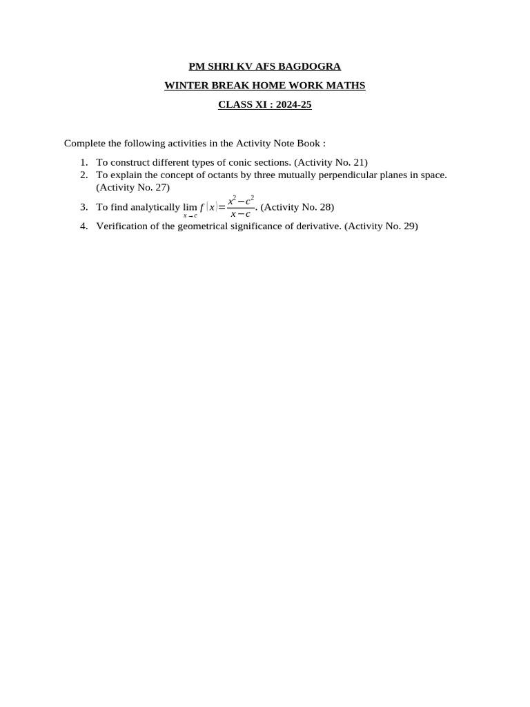 Class XI Maths Winter Homework 2024-25 | PDF