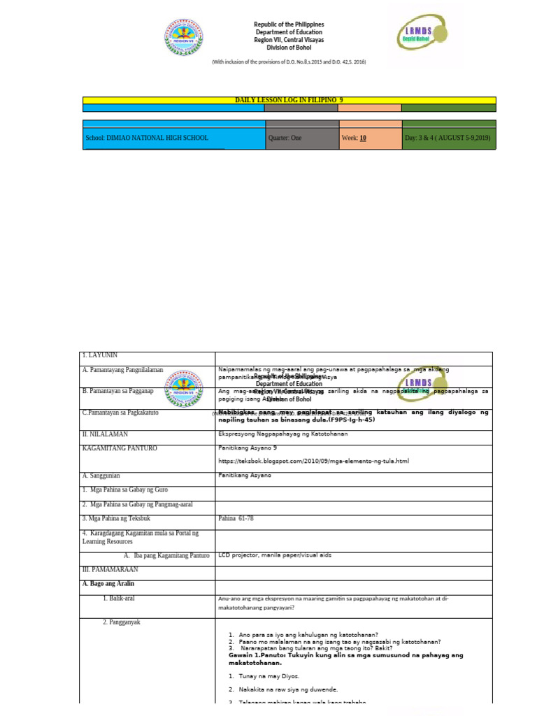 DLL Fil 9 Q1 WK 10 Day 3-4 | PDF