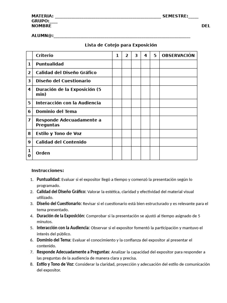 Lista de Cotejo para Exposición | PDF
