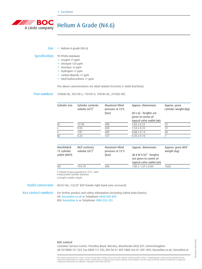 Helium A Grade n4 6 Factsheet Uk | PDF | Gases | Industrial Gases