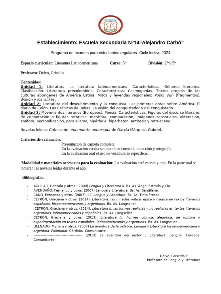Programa de examen de Literatura latinoamericana-2024 | PDF ...