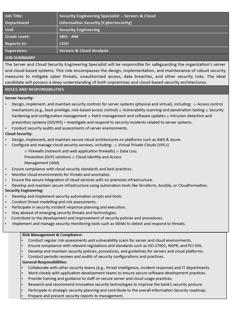 JD - Security Engineering Specialist_Servers Cloud | PDF | Security | Computer Security