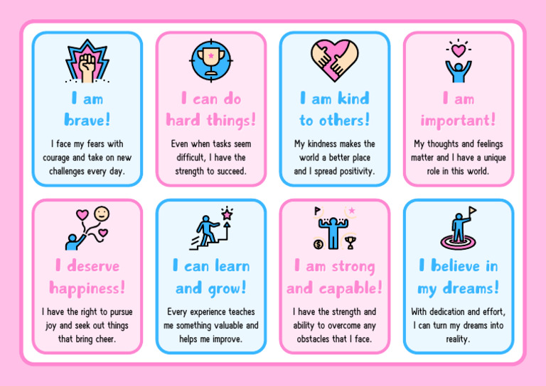 World Kindness Day Positive Affirmation Cards Worksheet in Pink Blue ...