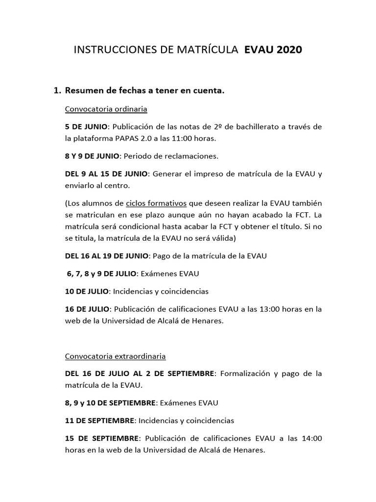 Instrucciones Matrícula EVAU 2020 | PDF