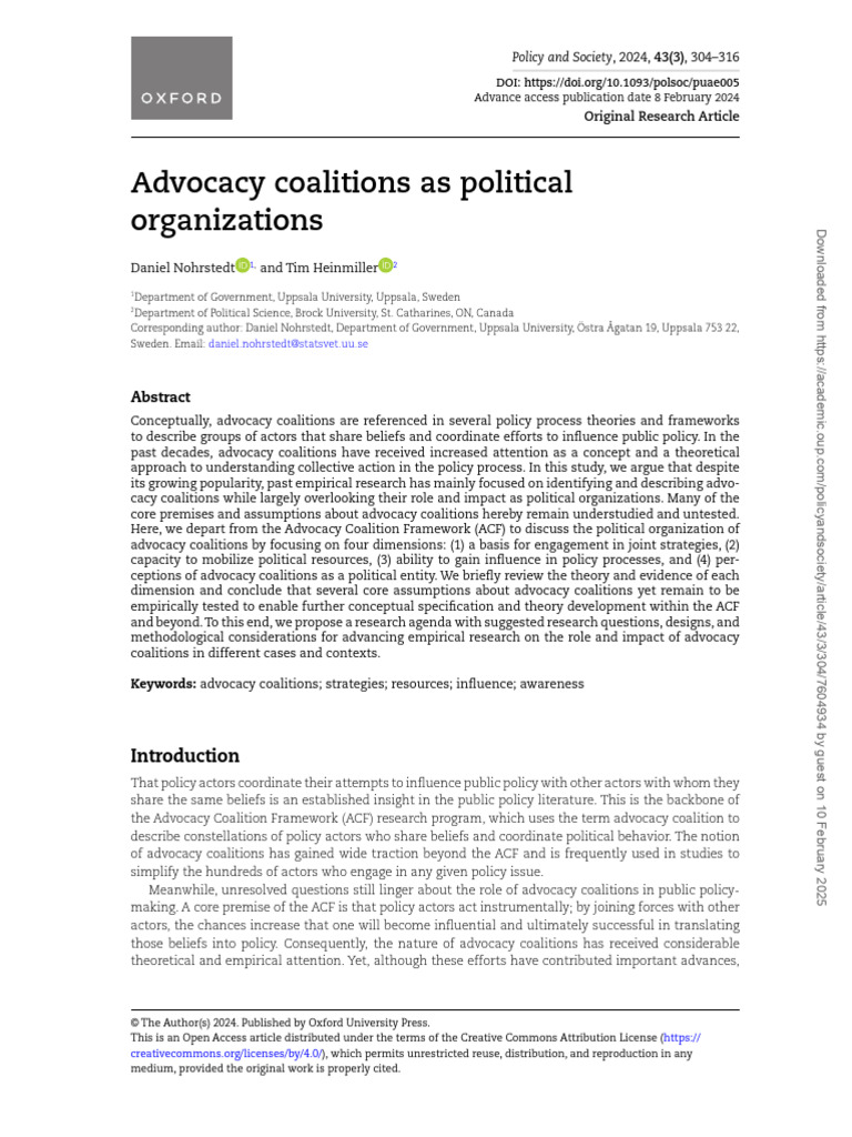 Advocacy Coalitions As Political Organizations | PDF | Policy | Coalition