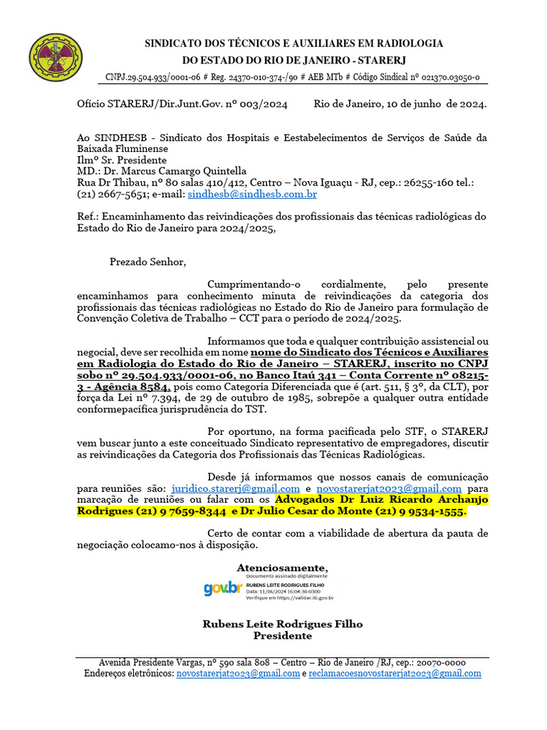 Ofício N. 003-2024 Starerj - Docx Sindhesb | PDF | Sindicato | Economias