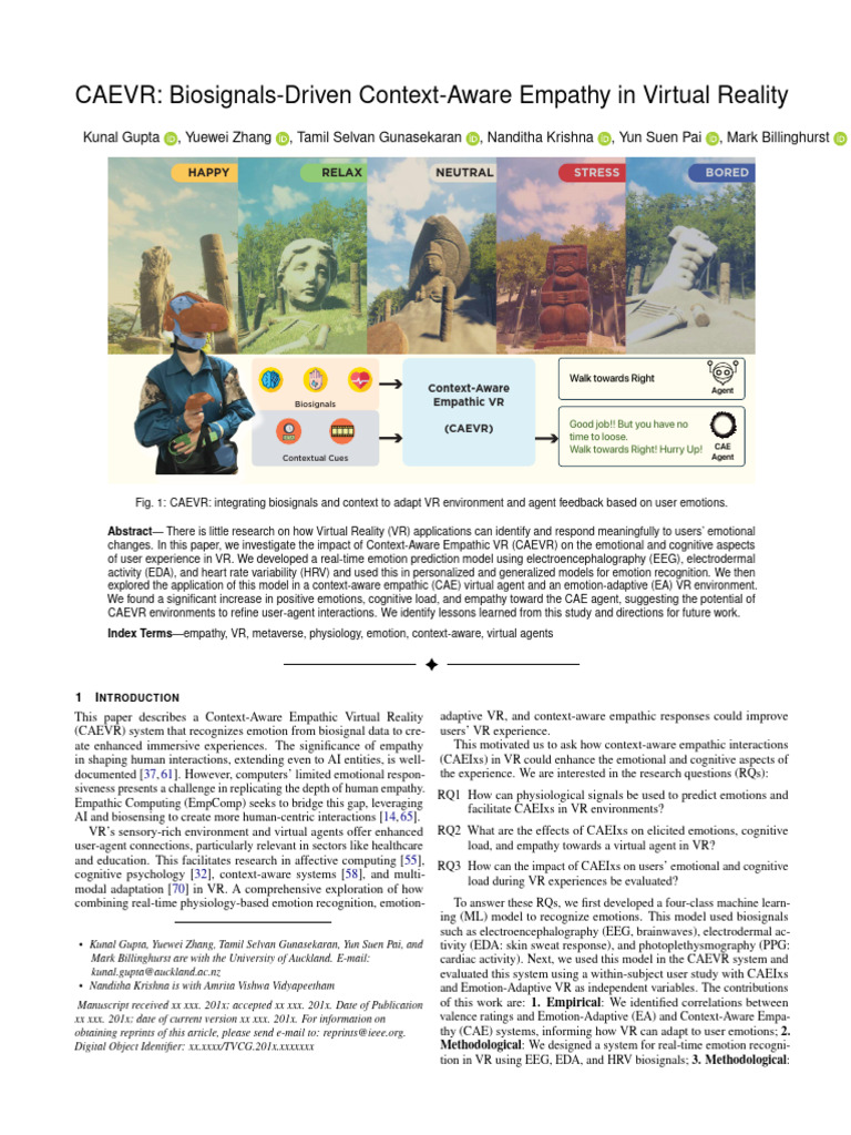 CAEVR Biosignals-Driven Context-Aware Empathy in Virtual Reality | PDF | Empathy | Emotions