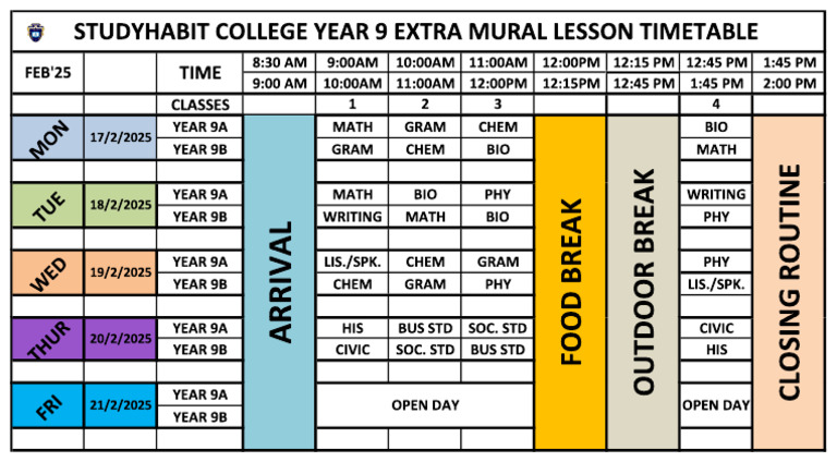 Year 9 Extramural Lesson Timetable For February 2025 | PDF