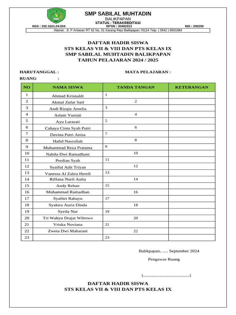 Daftar Hadir Siswa Sts Dan Pts Ganjil 2024 | PDF