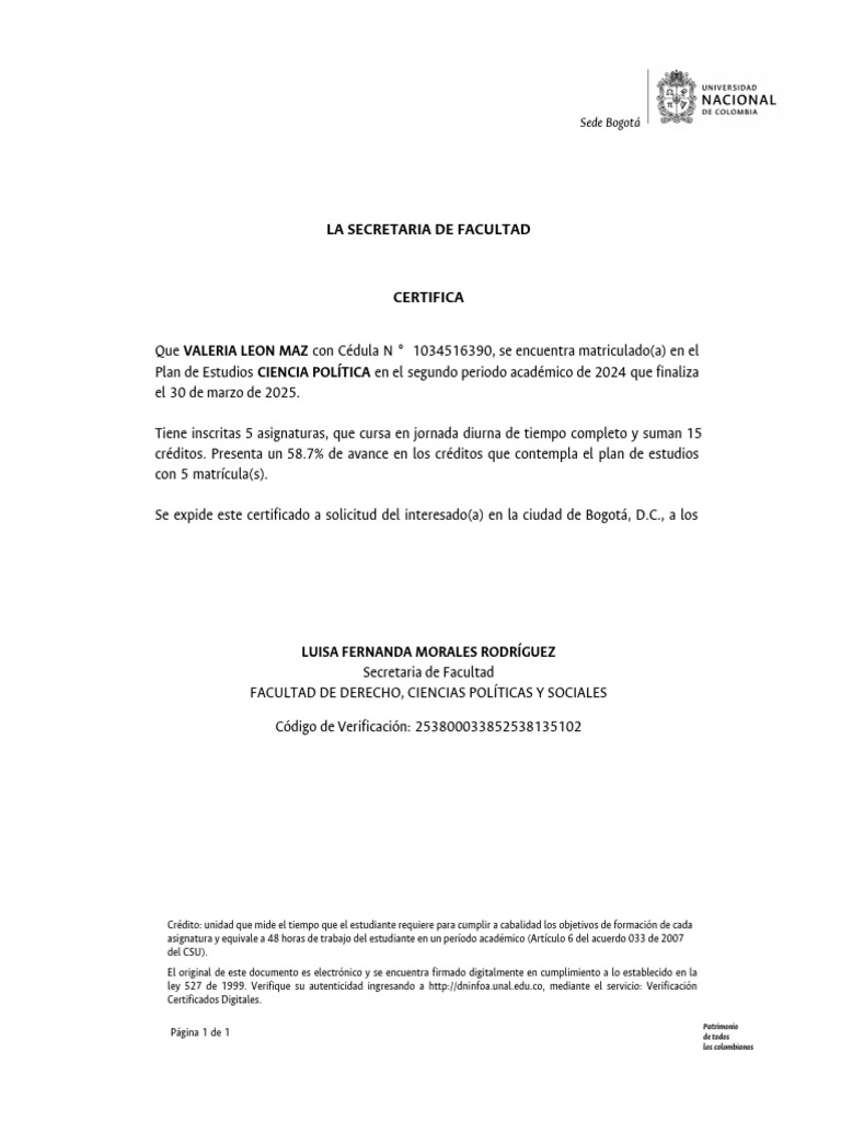 Certificado de Matricula | PDF