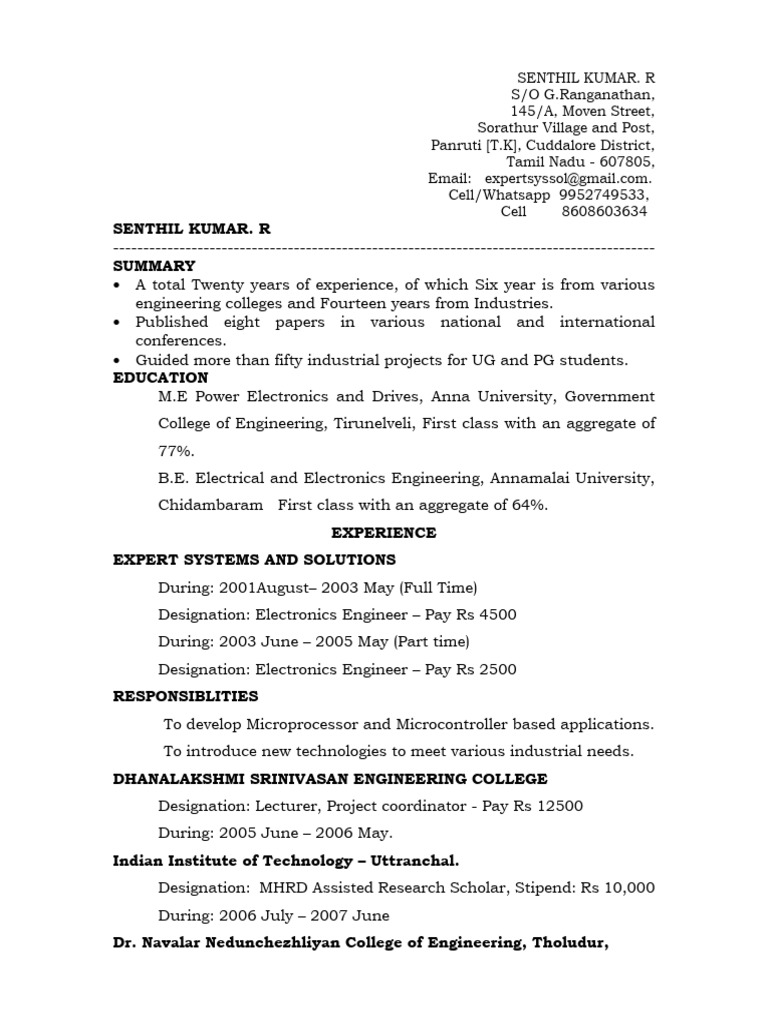 Resume Senthil | PDF | Electrical Engineering | Microcontroller