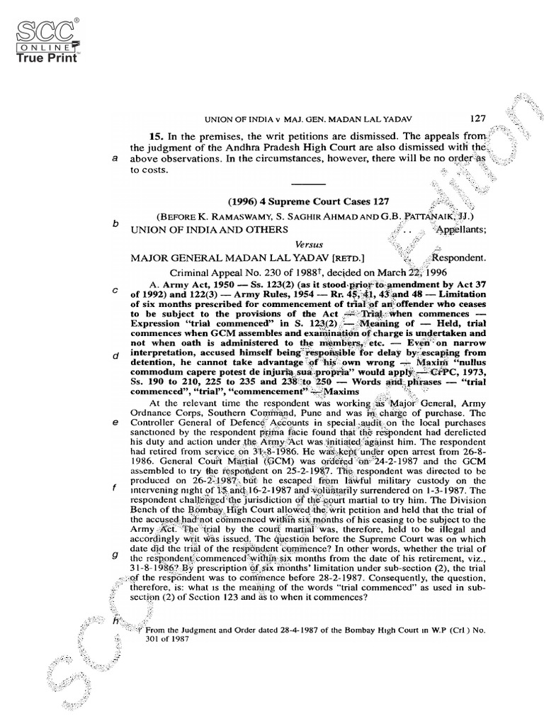 Para 28 - Union of India V Major Geneal Madan Lal | PDF | Supreme Court ...