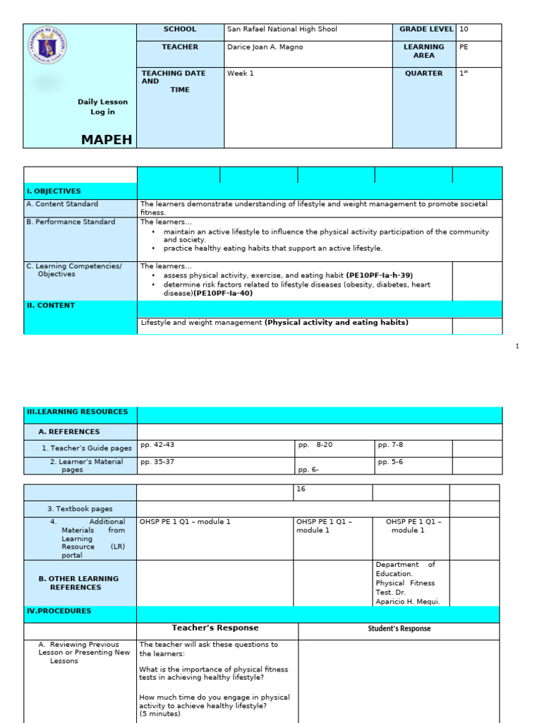q1 Grade 10 Pe DLL Week 1 | PDF | Teachers | Physical Fitness