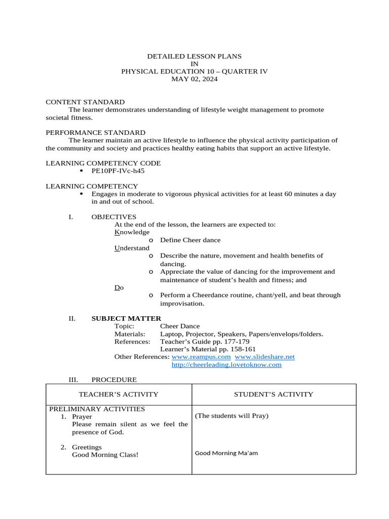 Detailed Lesson Plan Q4 Physical Educ. | PDF | Cheerleading | Rhythm