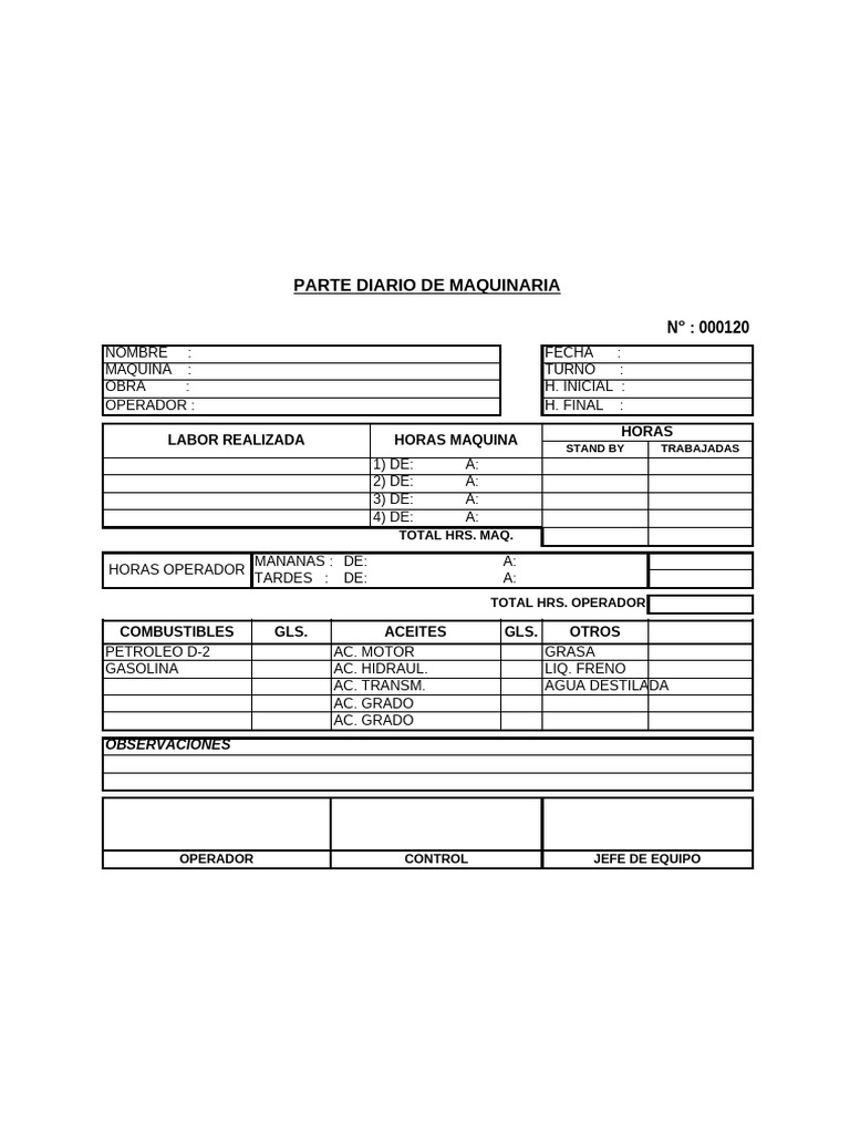 UA2 Formato Parte Diario de Maquinaria | PDF