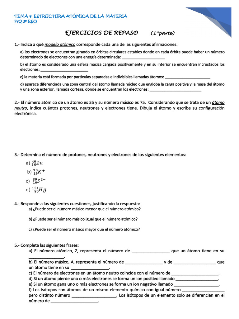 Ejercicios Repaso UD 4 (1ºparte) | PDF | Átomos | Isótopo