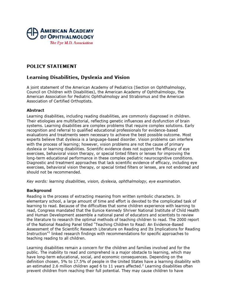 Pediatric Dyslexia: Vision & Learning | PDF | Dyslexia | Learning Disability