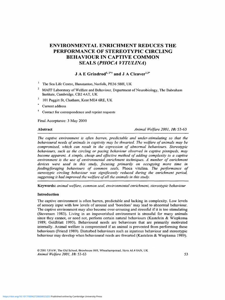 Environmental Enrichment in Common Seals | PDF | Zoology | Behavioural ...