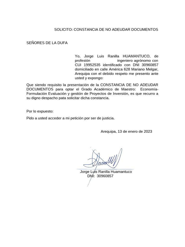 Solicitud Constancia de No Adeudar Documentos | PDF