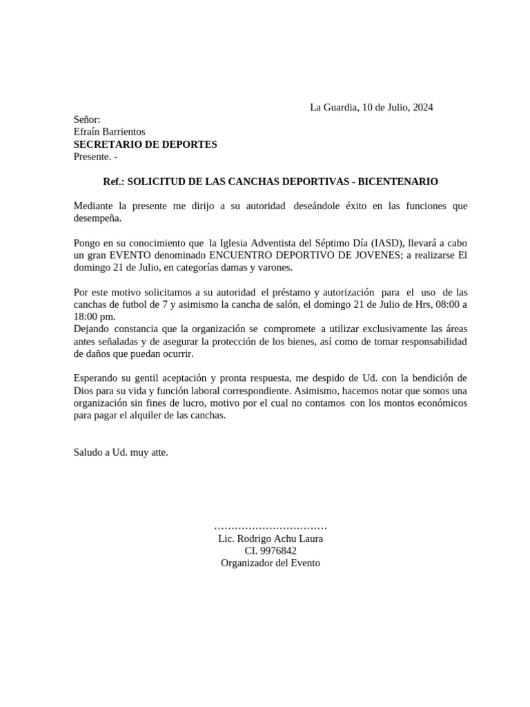 Carta de Solicitud de Canchas | PDF