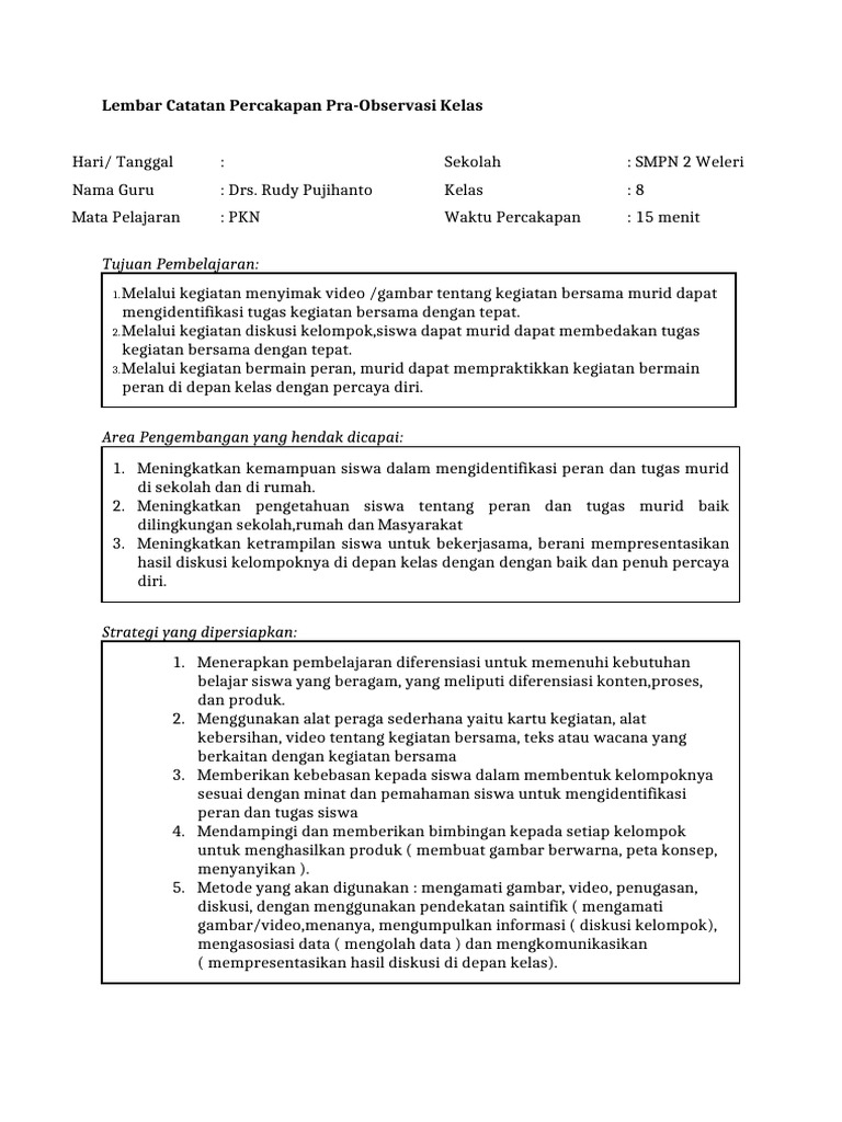 1_Lembar Catatan Percakapan Pra-Observasi Kelas (1) | PDF