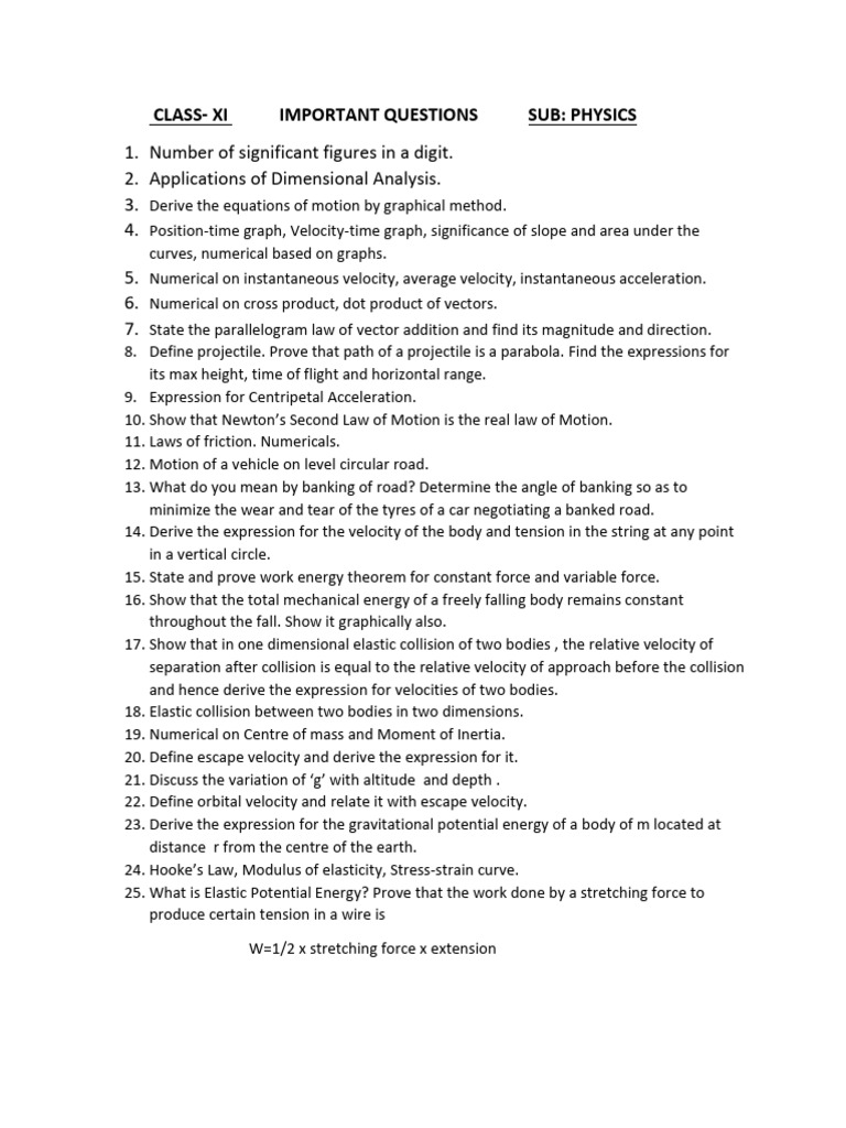 Important Physics Questions for Class XI | PDF | Velocity | Liquids