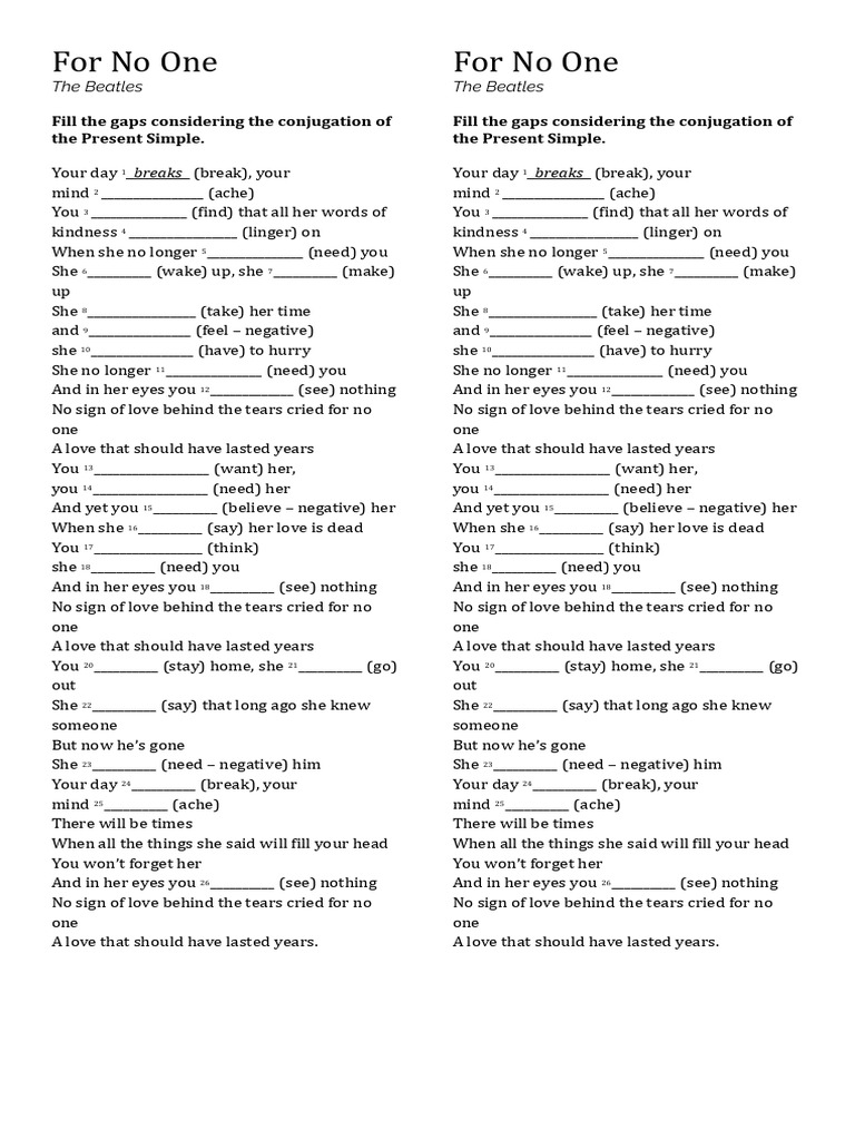 6° Present Simple Song - For No One | PDF