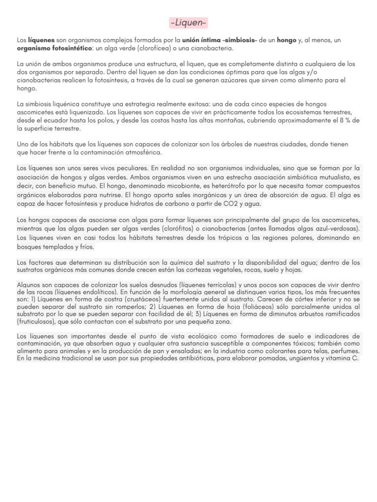 Los líquenes son organismos complejos formados por la unión íntima ...