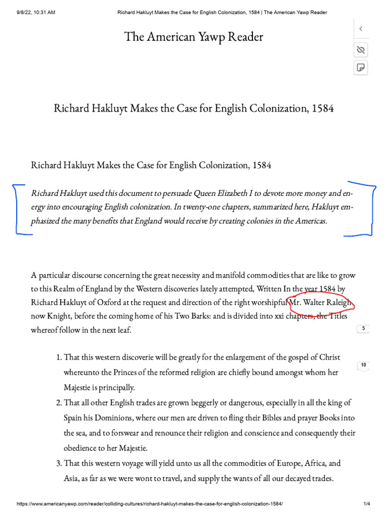 Richard Hakluyt Makes the Case for English Colonization, 1584 _ The ...