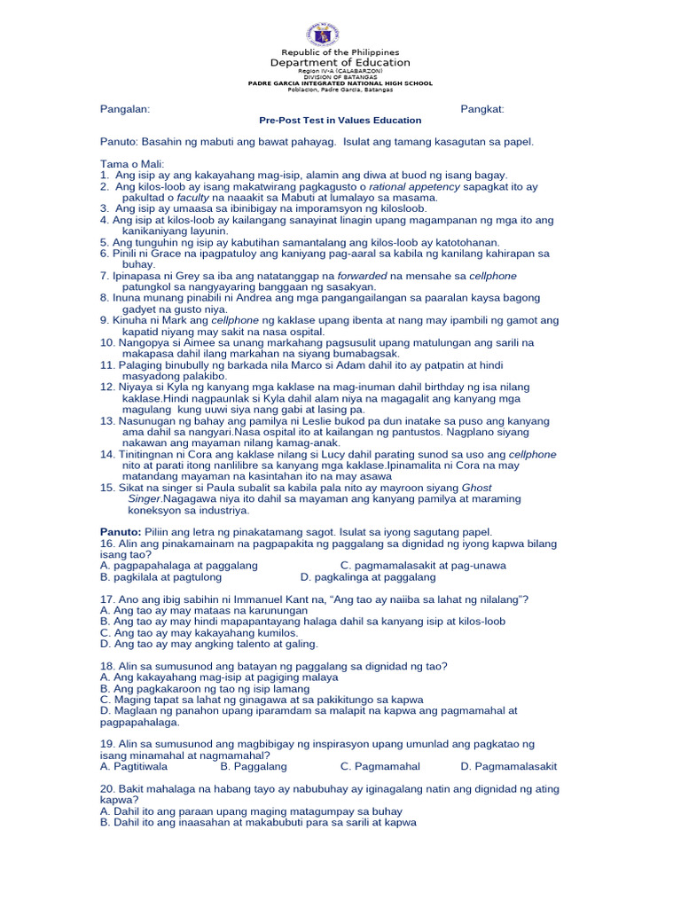 Pre-Post Test First Quarter | PDF