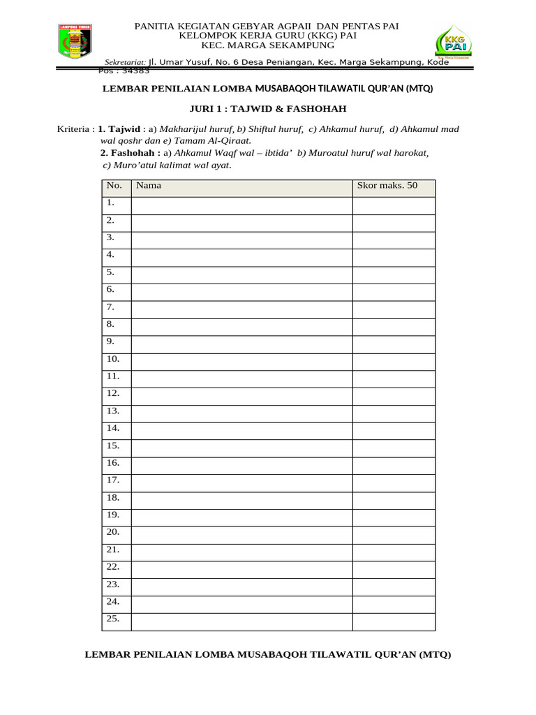 Lembar Penilaian Lomba MTQ | PDF