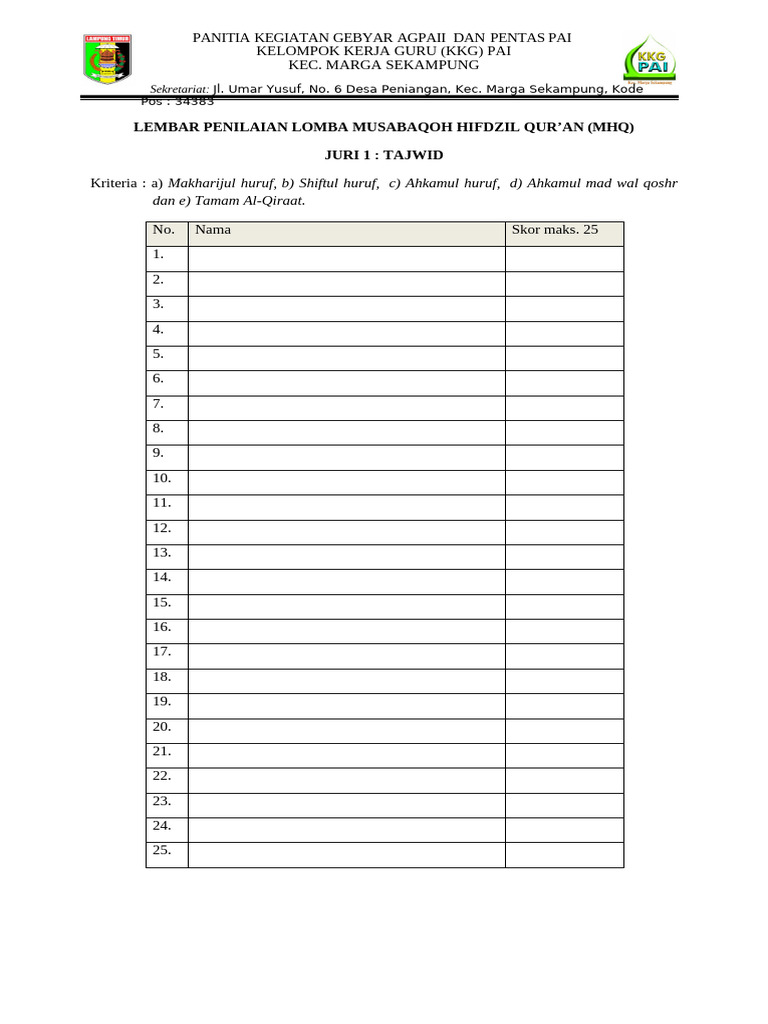 Lembar Penilaian Lomba Musabaqoh Hifdzil Qur'an | PDF