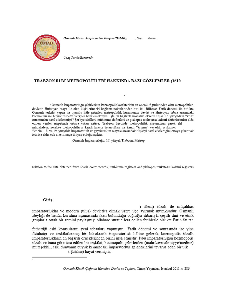 Trabzon Rum Metropoli̇tleri̇ Hakkinda Bazi Gözlemler (1610-1670) | PDF