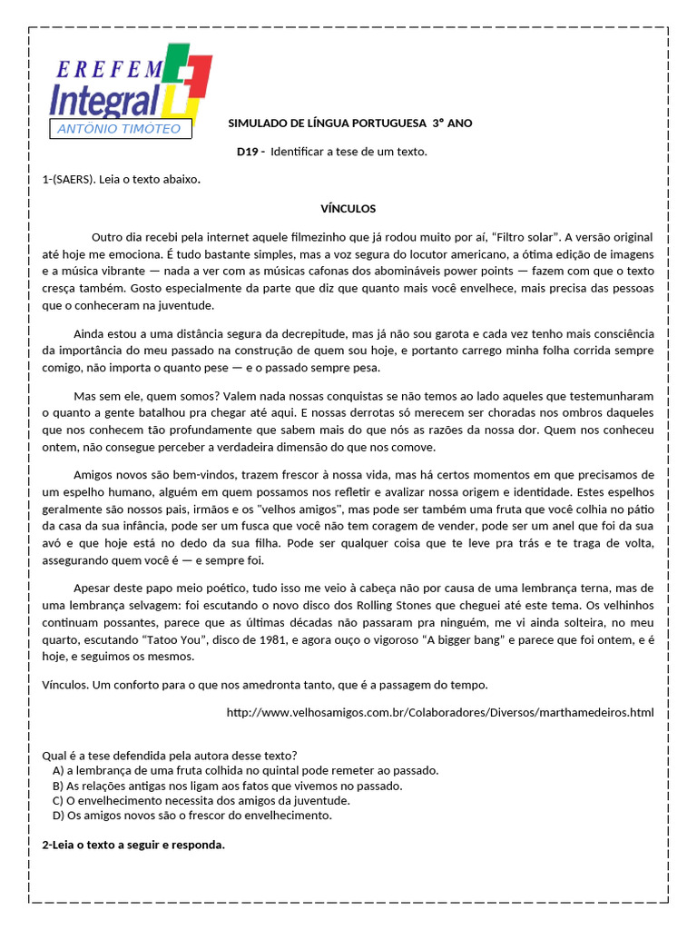 Simulado d19 Saepe 3 Ano Sem Resp at | PDF | Aprendizado | Sabedoria