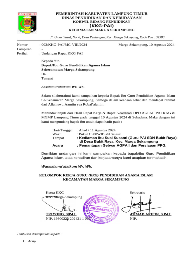 Surat Undangan Rapat KKG 11 Agustus 2024 PAI | PDF