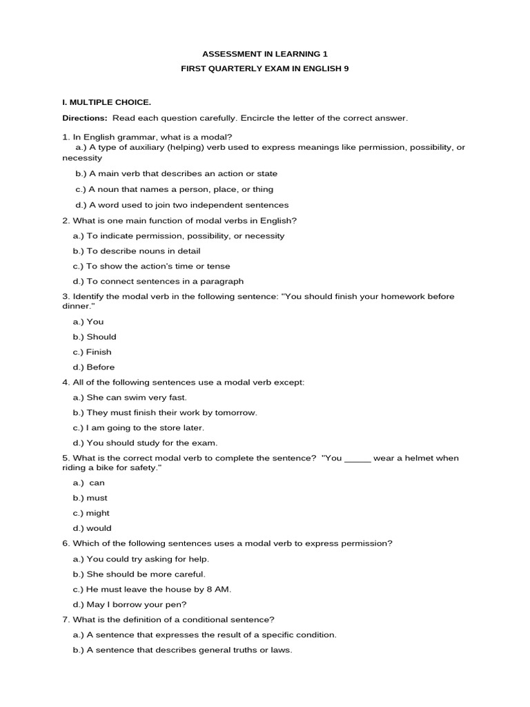 English 9 Quarterly Exam: Modals & Conditionals | PDF | Verb | English ...